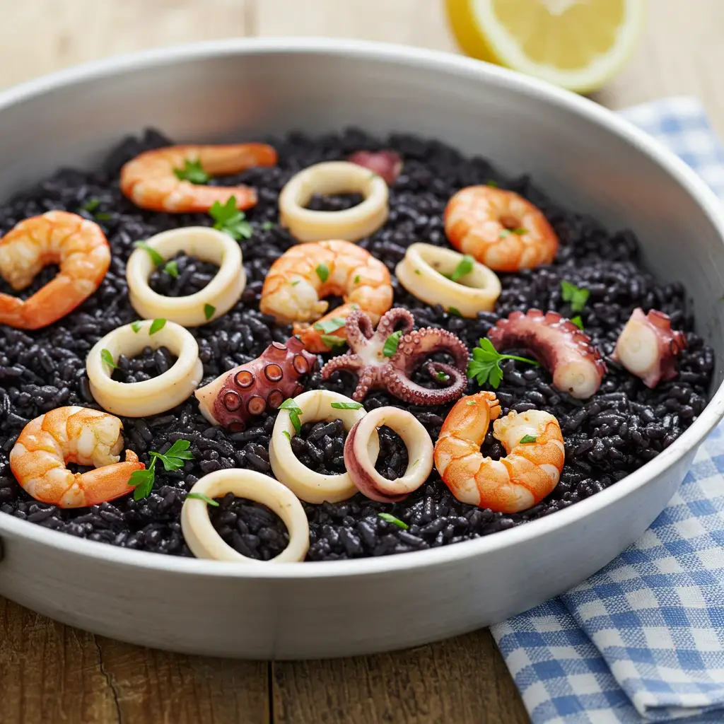 Receita de Paella de Arroz Negro com frutos do mar - Dicas e Dicas